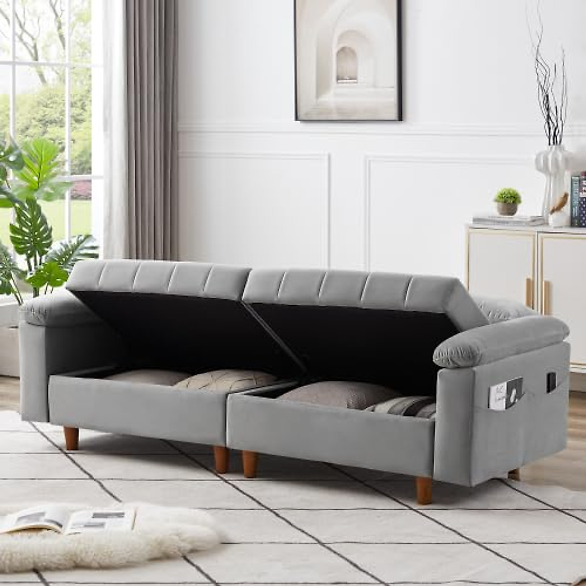 akucvor 69" Sleeper Sofa, Convertible Futon Loveseats Sofa, Sleeper Velvet Sofa Couch Bed with Storage for Living Room Bedroom, Pokcets, Gray