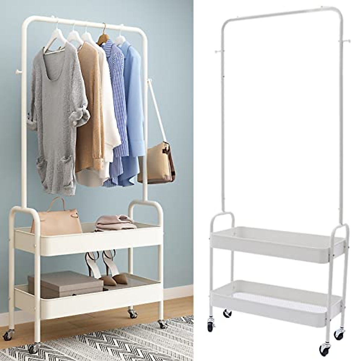 Ghankopd 2-In 1 Garment Rack, Rolling Storage Cart Clothes Organizer Coat Rack Storage Stand On Wheels, For Home Bedroom Laundry Small Place Entryway, Pink,Black,White (White)