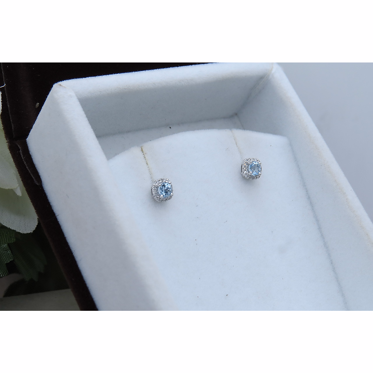 Dazzlingrock Collection 3.50mm Center Round Aquamarine & White Diamond Halo Style Stud Earrings for Women in 14K Solid White Gold in Screw Back