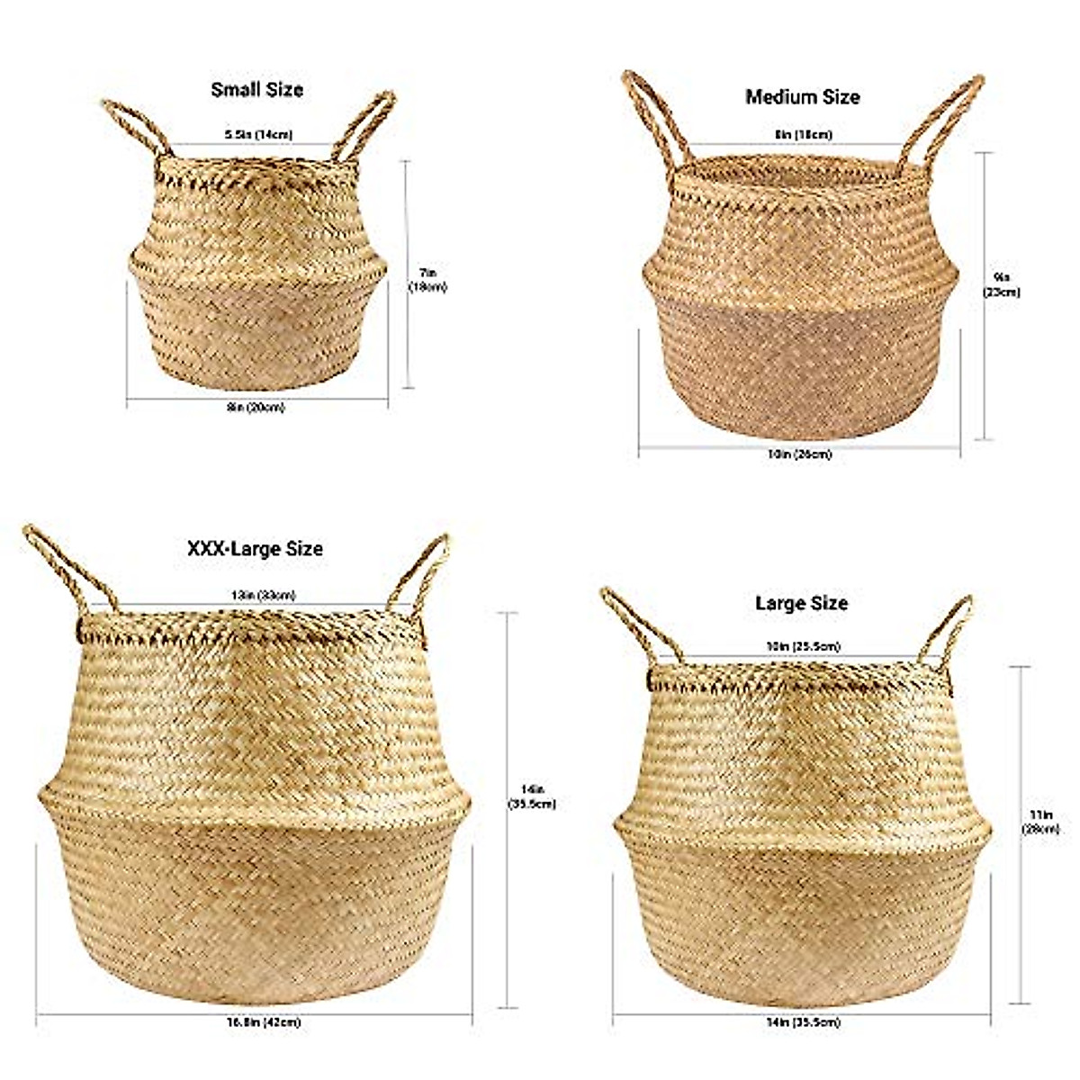 Chinoxinh Seagrass Woven Belly Basket with Handles - Multipurpose Handmade Wicker Rural Storage for Plant, Pot Decor, Laundry, Clothes, Blanket, Grocery and Outdoor Picnic (Original XXX-Large 14x16in)