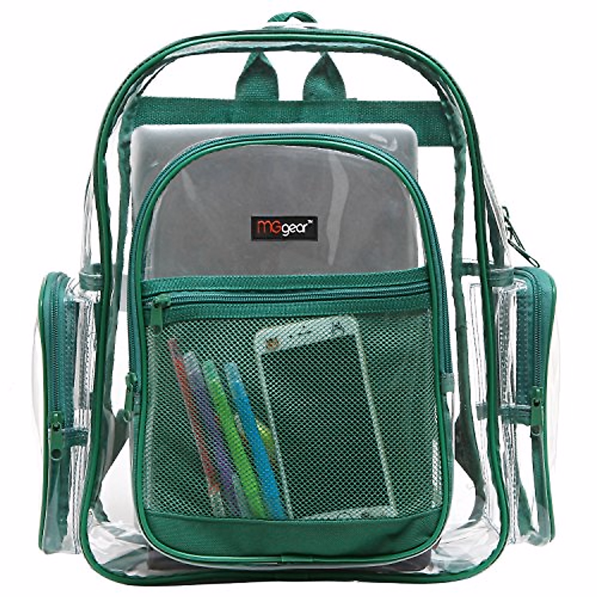 MGear 17-Inch Clear Backpack for Adults, Students, Children, Transparent PVC School Backpack with Green Trim
