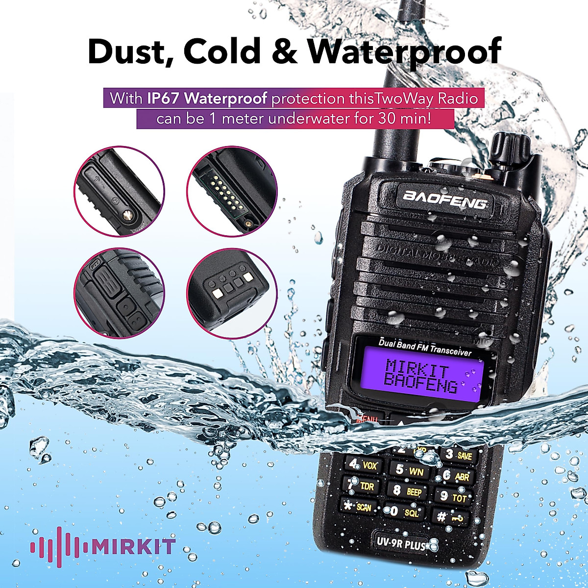 Mirkit 4X Waterproof Baofeng Radio UV-9R Plus MK1 (UV-82 3rd Gen) 8W Max Power 2024 VHF/UHF 144-148/420-450MHz Walkie Talkies, 2200mAh Battery & Programming Cable, IP67 Dust, Cold, Waterproof