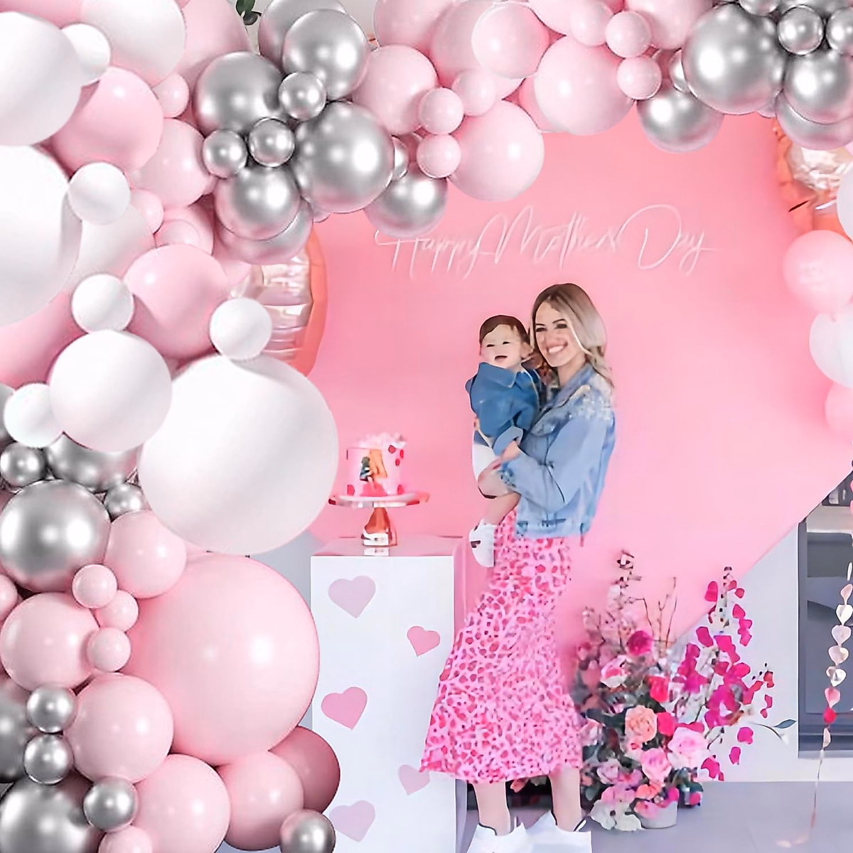 Felice Arts Birthday Baby Shower Balloon Arch Pink and White Different Size Balloons Garland Kit Latex Balloons Silver Chrome Balloons for Wedding Bridal Baby Shower Party Decoration