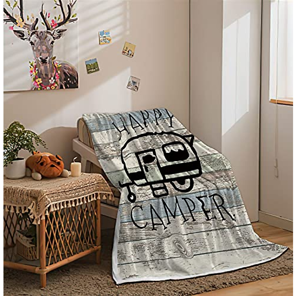 Happy Camper Throw Blanket, Retro Rustic Wood Neutral Color for Travel Trailer Camping Theme Motor RV Fleece Blanket, Farmhouse Soft Flannel Throw Blanket for Chair Bed Sofa Couch Office, 50X60IN