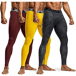 TSLA Men's Compression Pants, Cool Dry Athletic Workout Running Tights Leggings with Pocket/Non-Pocket, 3pack Cool Dry Pants Camo Black/Yellow/Brick, XX-Large