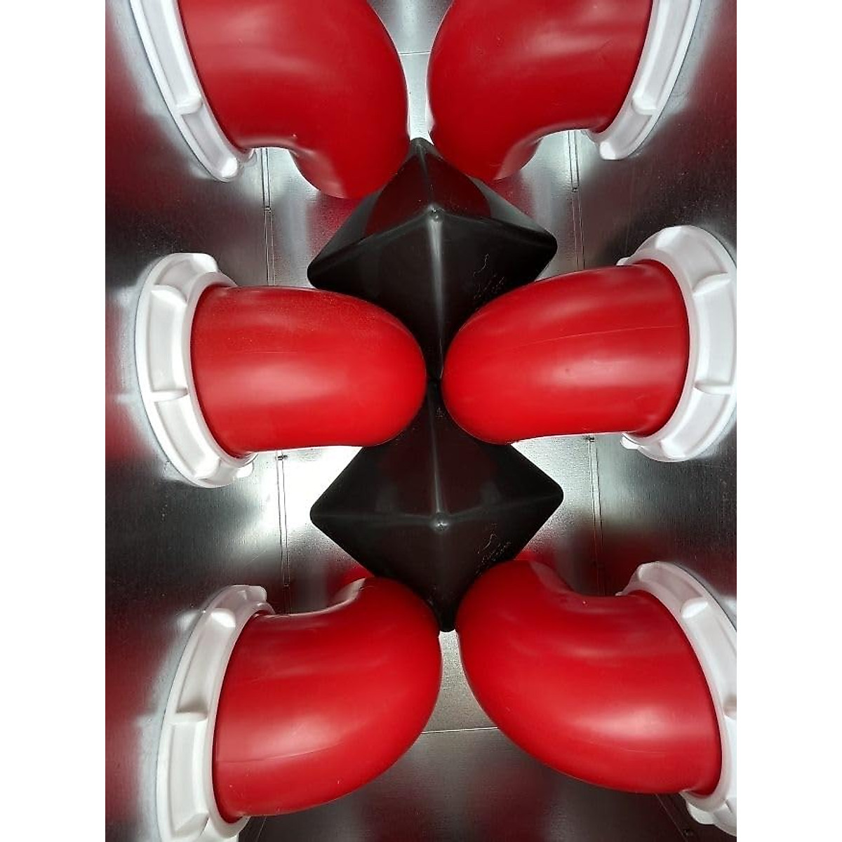 RentACoop Metal 65lb 6-Port Feeder - Includes Lid, Ports, Rain Hoods, and Feed Diverters - Suitable for 12 Week Old Chickens/Older and Adult Chickens/Poultry