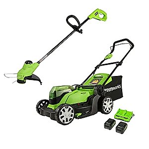 Greenworks 48V 17" Cordless Electric Lawn Mower, String Trimmer, (2) 4.0Ah Batteries and Rapid Charger
