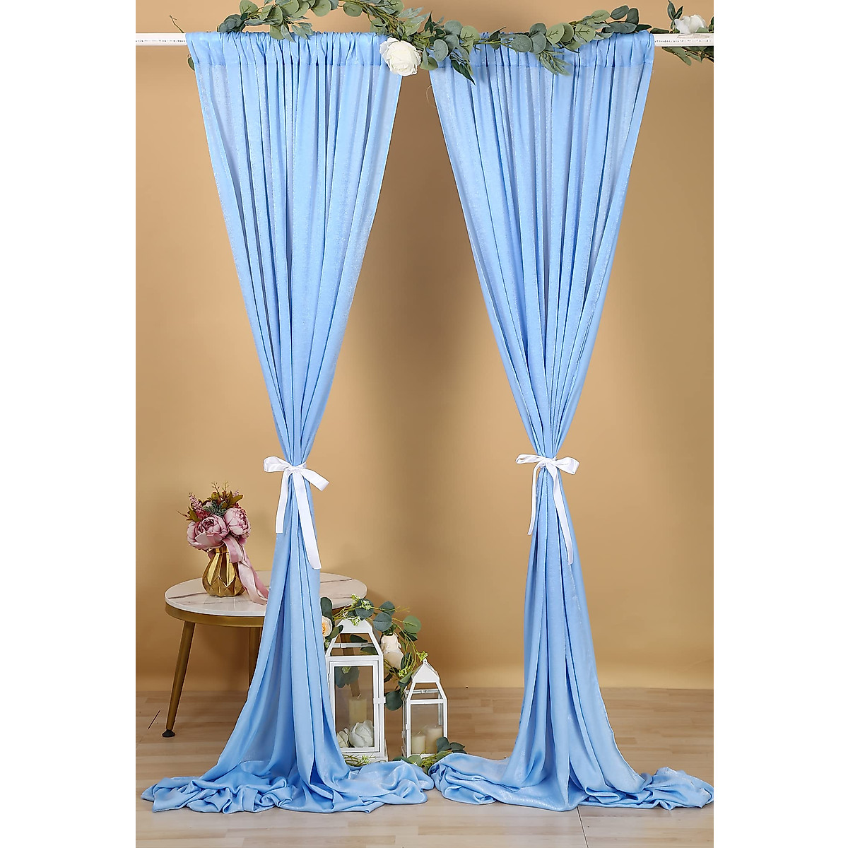 SHERWAY 9.6 Feet x 10 Feet Sky Blue Silky Soft Curtain Wedding Backdrop Drapes, Slightly Shiny Satiny Window Curtains for Party Ceremony Decoration