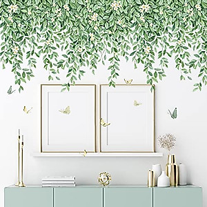 Green Leaf Wall Decals Hanging Vine Wall Sticker Plant Flower Wall Decal Butterfly DIY Removable Wall Stickers Peel and Stick Art Murals for Kids Baby Girls Nursery Bedroom Living Room