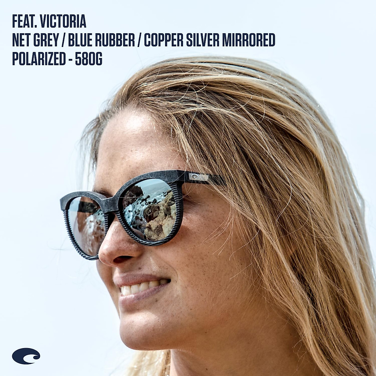 Costa Del Mar Womens Victoria Rectangular Sunglasses, Net Grey/Blue Rubber/Copper Silver Mirrored Polarized-580G, 56 mm