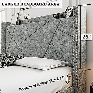 Feonase King Size Bed Frame with 4 Storage Drawers, Upholstered Platform Bed Frame with Charging Station & Wingback Headboard, Solid Wood Slats Support, No Box Spring Needed, Noise-Free, Light Gray