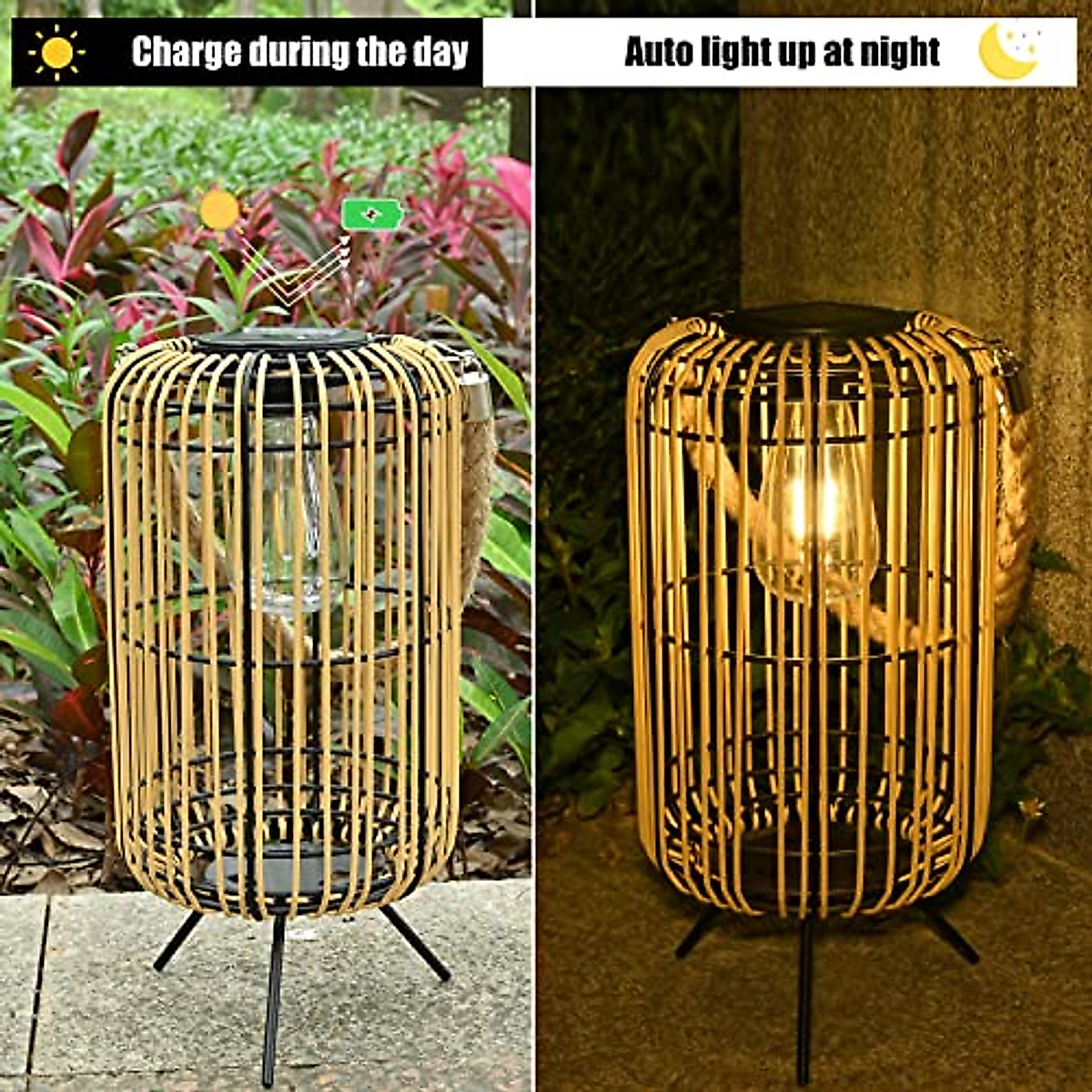 Livinlarge Solar Lantern Outdoor Waterproof, Large Solar Rattan Lantern Outdoor Hanging with Handle, Bright Solar Outdoor Lights with Edison Bulb for Garden Patio Yard Tabletop Decoration