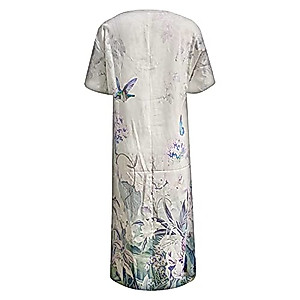 Cream Dress for Women, Spring Dresses Green Holiday Dress Women Sun Dress Maxi Women’S Casual O-Neck Short-Sleeve Button Loose Summer 2022 Dress Women's Crewneck Short Sleeve (L, White)