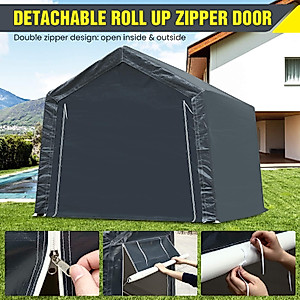 7x12x7.4 Ft Portable Storage Shelter Shed, Outdoor Garage Tent Kit, with Detachable Roll-up Zipper Door, Waterproof, Anti-UV, for Motorcycle, Gardening, Vehicle Storage (Grey)
