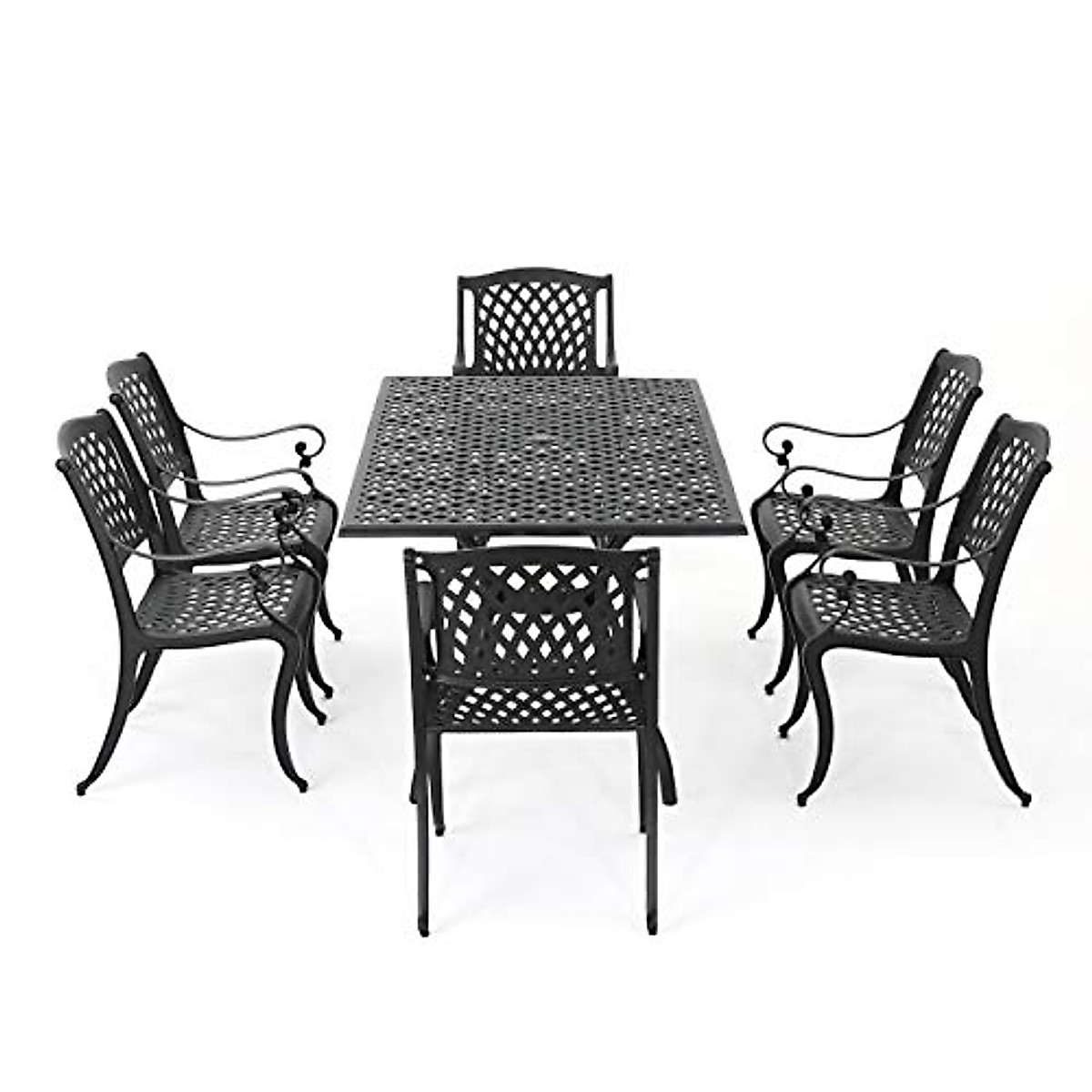 Christopher Knight Home Cayman Outdoor 6-Seater Cast Aluminum Dining Set, 7-Pcs Set, Black Sand