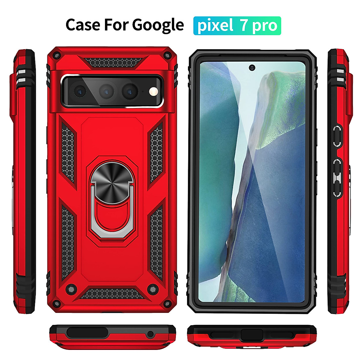Dzxouui for Pixel 7 Pro Case with Tempered Glass Screen Protector, [Military Grade Shockproof] Cover Full Body Protection Hard Phone Cases with Magnetic Kickstand for Google Pixel 7 Pro - Red