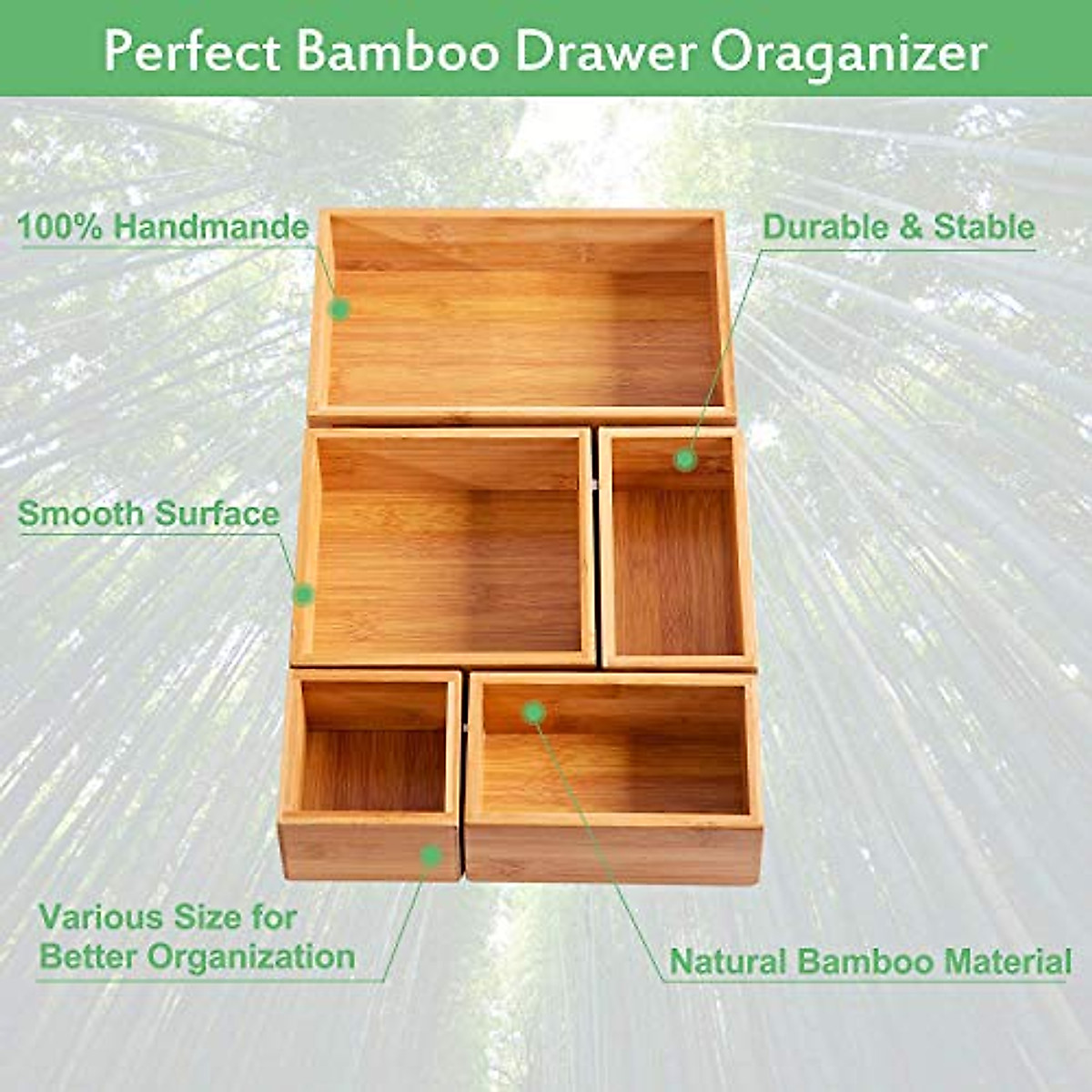 FILWH 5 Piece Bamboo Drawer Organizer Set, Luxury Wooden Desk Storage Box Kit, Multi-use Junk Drawer Organizer for Office, Kitchen, Bedroom, Children Room, Craft, Sewing