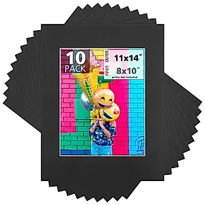 Mat Board Center, Pack of 10, 11x14 for 8x10 Black Color Mats - Bevel Cut, Acid Free, 4-ply Thickness, White Core - for Pictures, Photos, Framing