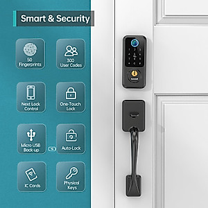 Hornbill Smart Lock with Front Door Handle Set - Keyless Entry Door Lock with Handleset - Smart Deadbolt Door Lock for Front Door - Bluetooth Door Lock with Keypad - Fingerprint Biometric Auto Lock
