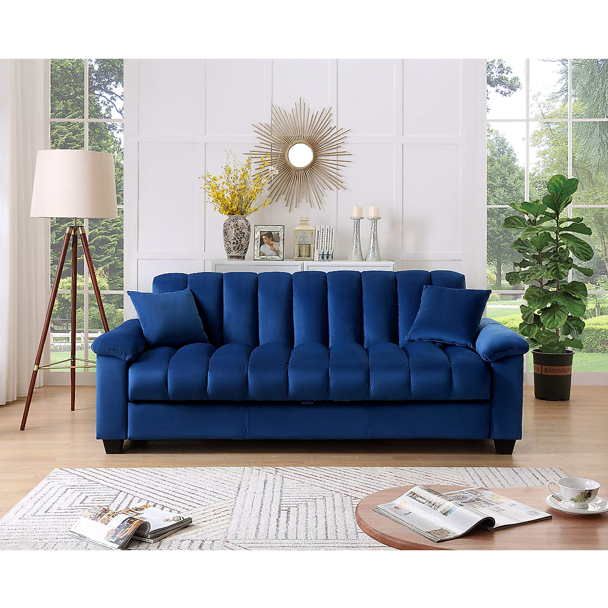 Legend Vansen 83" Convertible Modern Velvet Storage Sleeper Sofa Bed in Blue