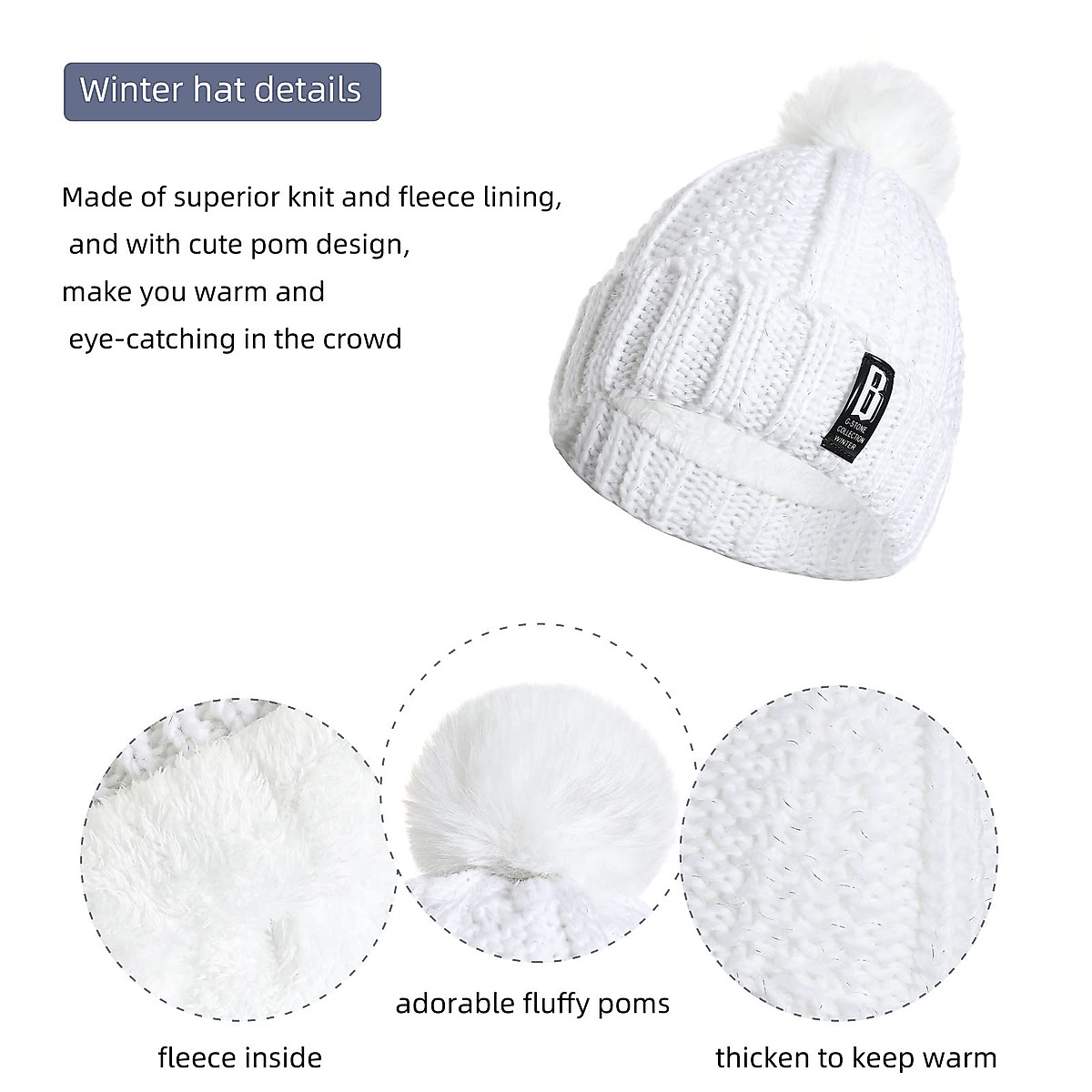 Pom Beanie Hat Scarf Gloves Set 3 in 1 Warm Thick Lining Slouchy Beanie Hats Scarf Touch Screen Gloves for Womens Girls (White)