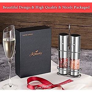 Rechargeable Electric Salt and Pepper Grinder Set with Holder - Nicely Packaged Giftable - No Battery Needed - Automatic Pepper Mill & Adjustable Coarseness & LED Light Refillable - Stainless Steel
