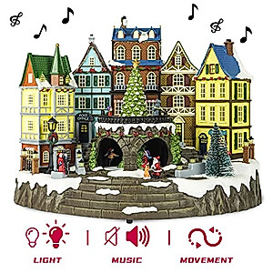 YQQY Christmas Village House, 12.4" H Large Size, Colourful LED Lights with Christmas Music, Rotating Christmas Trees and Roller Skaters, Christmas Decoration for Home (Yellow)