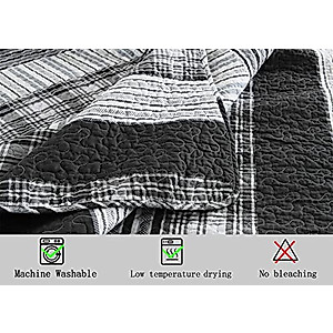 YUMIYUSHI Quilt King Size - Cotton King Quilt Set,White Black Gray Striped Plaid King Quilt Bedding Set,Farmhouse Patchwork Bedspreads,Lightweight Reversible Comforter for All Season,3-Piece