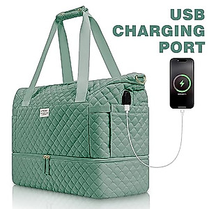 ETRONIK Travel Bag for Women, Gym Duffel Bag with USB Charging Port, Weekender Overnight Bag with Wet Pocket and Shoes Compartment for Women Travel Gym Daily Use (Green)