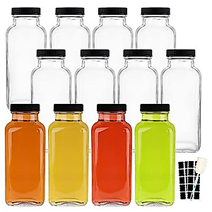 HINGWAH 12 OZ Glass Drink Bottles, Set of 12 Vintage Glass Water Bottles with Lids, Great for storing Juices, Milk, Beverages, Kombucha and More (Labels and Sponge Brush Included)
