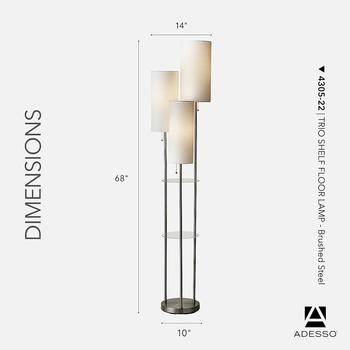Adesso 4305-22 Trio Floor Lamp, 68.00 x 14.00 x 11.70 inches, Brushed Steel