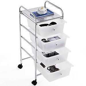 Yaheetech 4 Drawers Rolling Storage Cart and Organizer Metal Frame Plastic Storage Bins with Drawers Plastic Trolley Organizer on Wheels Plastic Craft Storage Container Rolling Bin Set 2, White