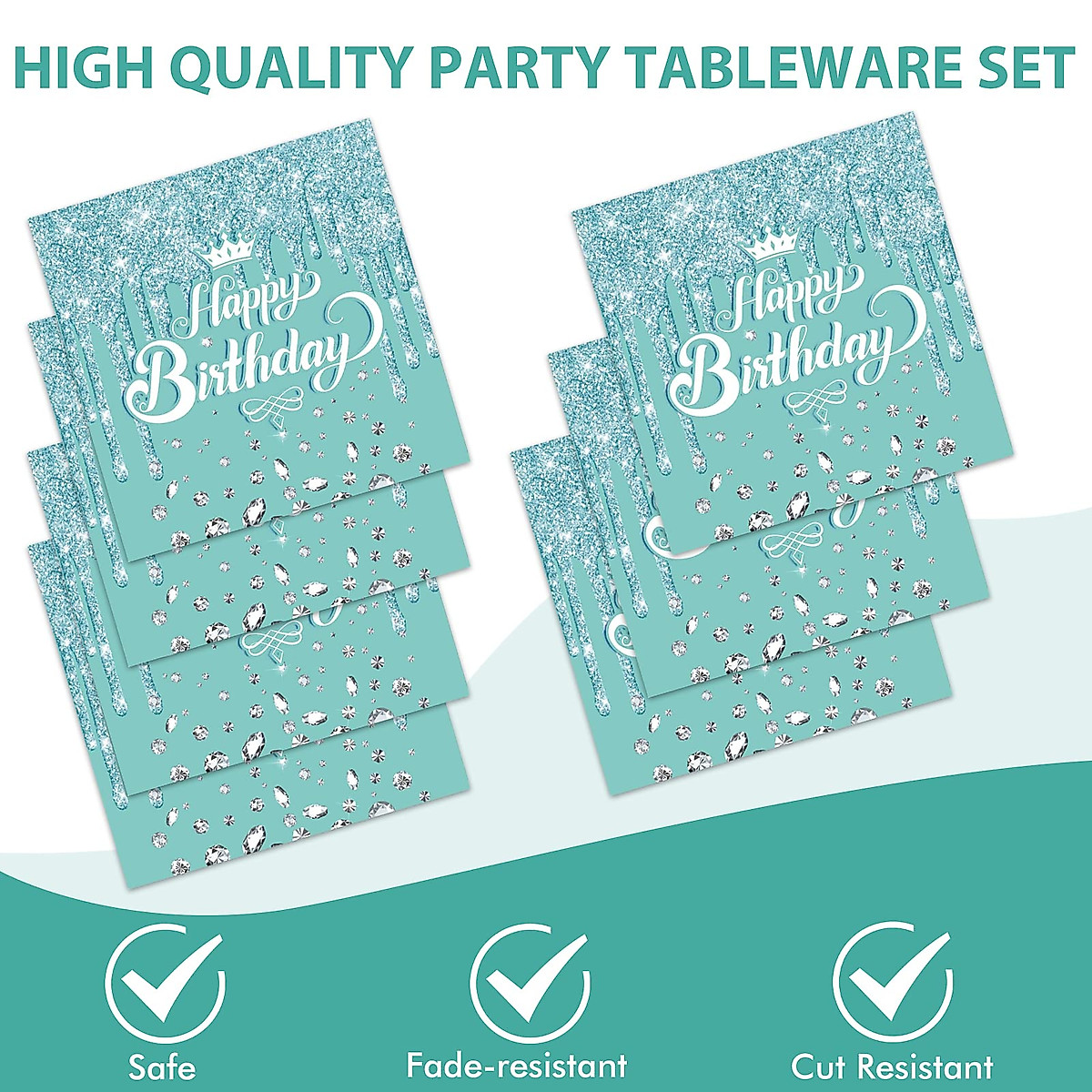 82PCS Teal Birthday Decorations Teal and Silver Tableware Set for Happy Birthday Party Decorations Breakfast Blue Theme Table Covers Plates Napkins for Girls Women Silver GlitterParty Supplies