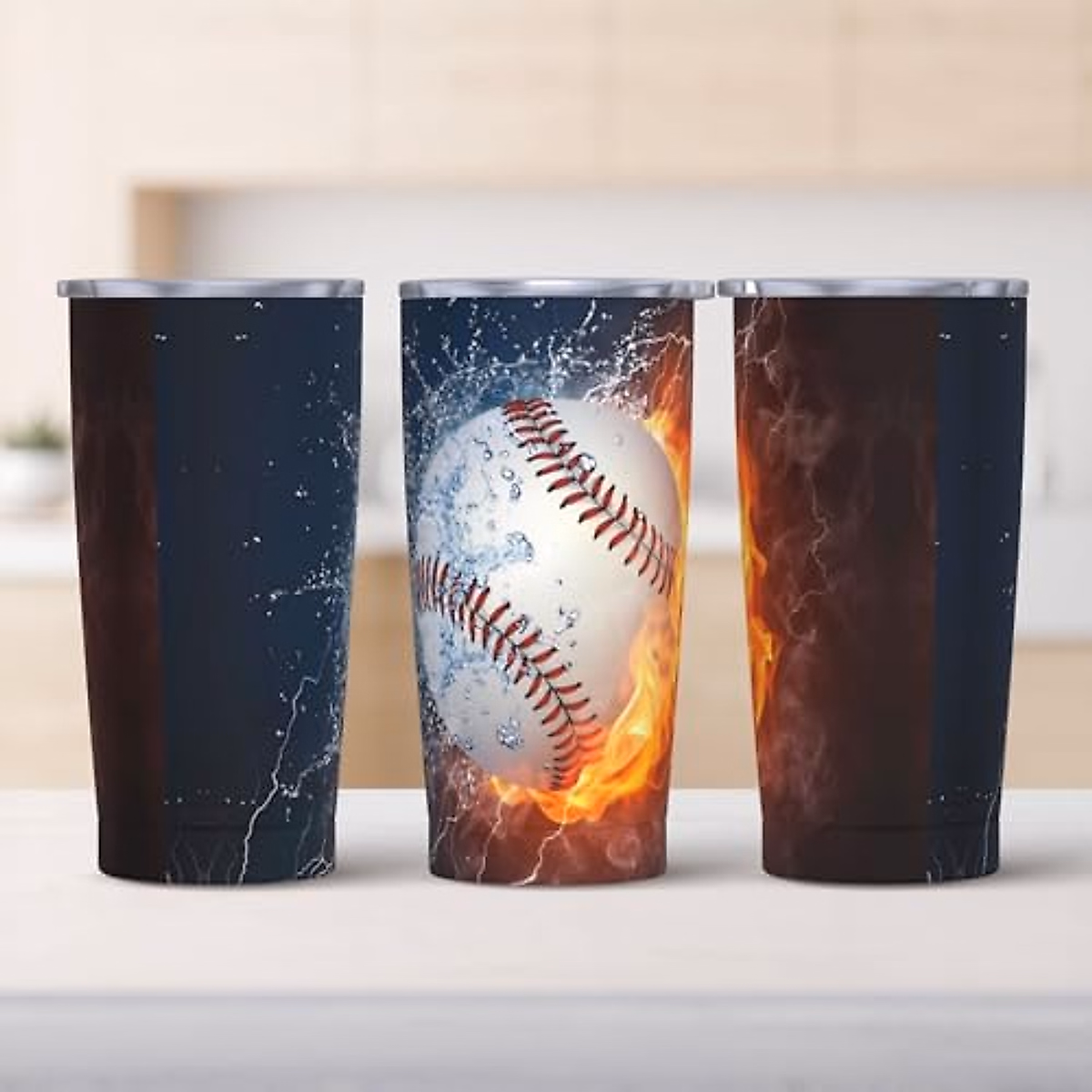 IYERSKD 3D Print Baseball White Ball in Fire and Water 20 oz Stainless Steel Tumbler Vacuum Insulated Leakproof Travel Mug for Car Office Gym