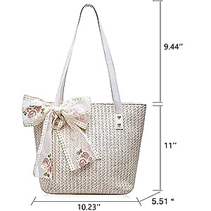 QTKJ Women Large Straw Beach Tote Bag Summer Hand-woven Bags Shoulder Bag Leather Handle Beach Handbags with Cute Lace Bow Small (White)
