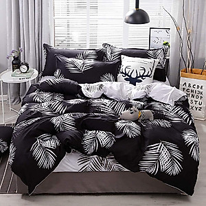 Feelyou Cute Leaf Comforter Cover Set for Girls Women, Black and White Bedding Set Full Size Kawaii Floral Duvet Cover for Kids Teens Adult Palm Leaves Home Decor Reversible Bedding Collections