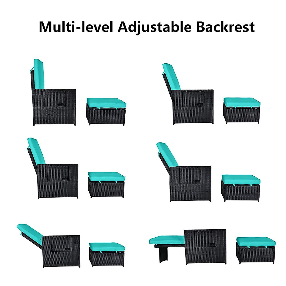 VUYUYU 5PCS Outdoor Wicker Chaise Lounge Chair - Rattan Adjustable Reclining Patio Lounge Chair with Ottoman and Coffee Table, for Patio Beach Pool Backyard (Black Wicker Turquoise Cushion)