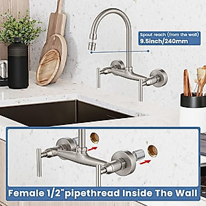 Airuida Wall Mount Kitchen Sink Faucet with Sprayer Brushed Nickel Wall Mounted Kitchen Faucet 8 Inch Center Bowl Vessel Sink Faucet Single Handle Single Hole Bathroom Sink Faucet Lavatory Vanity Bath