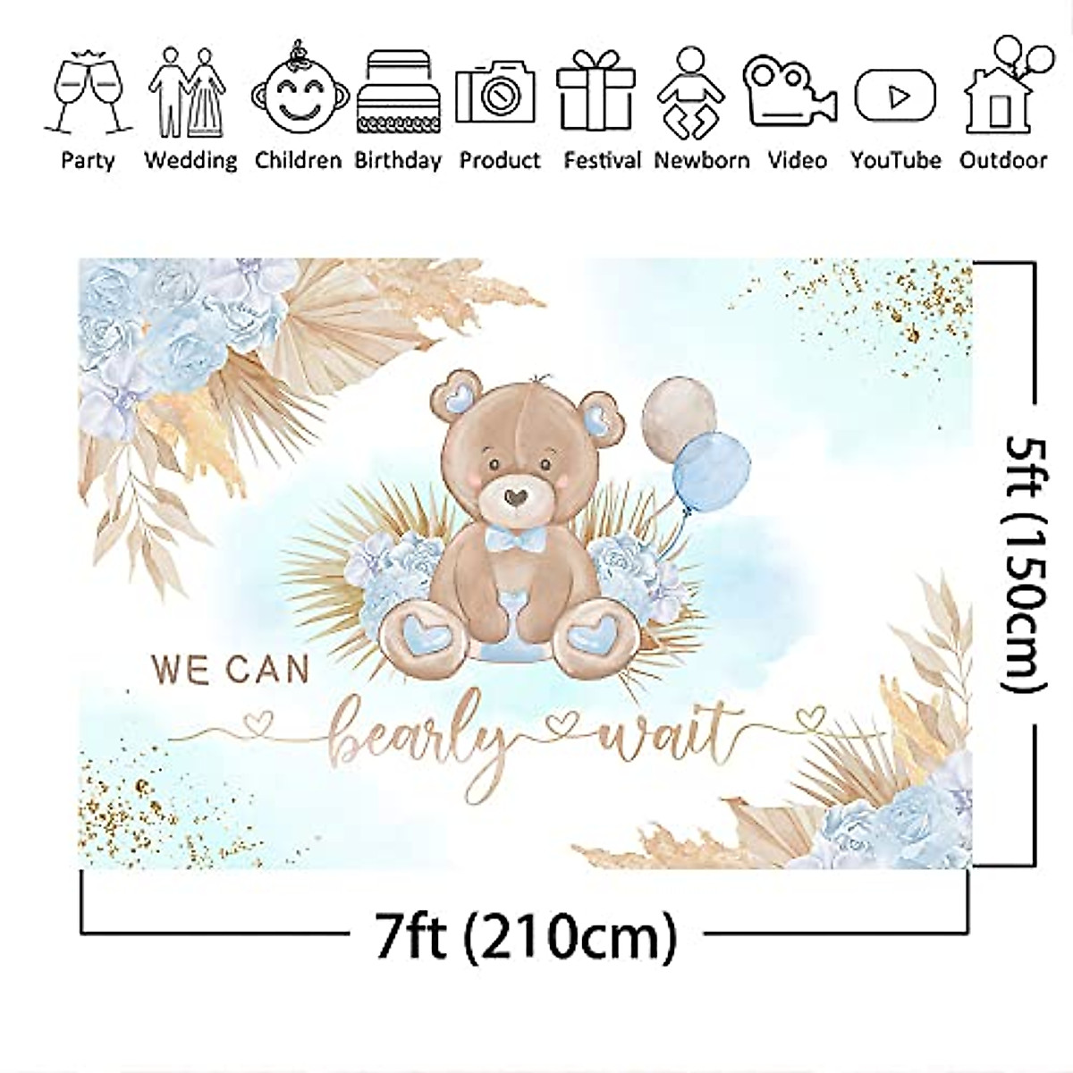 Mocsicka We Can Bearly Wait Backdrop for Boys Boho Chic Blue Flowers Balloons Photography Background Vinyl Boy Lovely Bear Baby Shower Cake Table Decoration Banner (Blue, 7x5ft)
