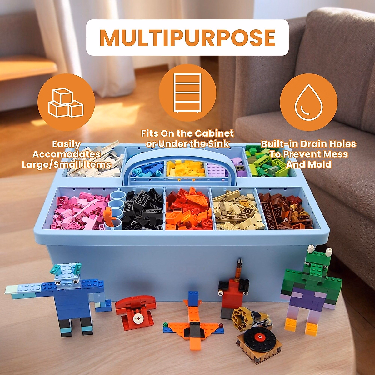 KOOTOO CUSTOMIZABLE ORGANIZER CONTAINER, with UNIQUE DIVIDERS that can be arranged to fit the space you need to store everyday items upright. SCHOOL SUPPLIES, PET SUPPLIES, CRAFTS or CLEANING AND MORE