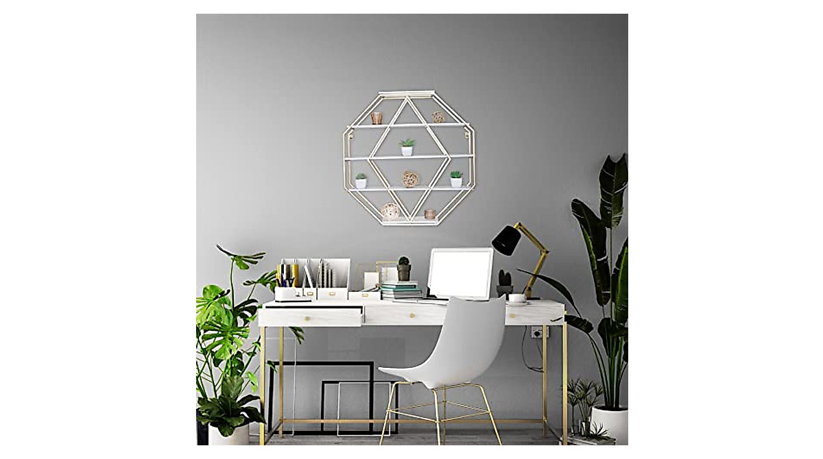 Decorative Octagonal Metal & Wood Floating Shelf in Gold & White
