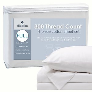 allecalm 100% Cotton Sheets set Full Size, Breathable, Soft 17 inch Deep Pocket, 4 Pcs Set, Fitted Sheet, Easy Fit, Hotel Luxury Bed Sheets for All Season for Dorm Room, Bed Room, White