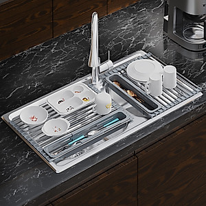 SINOART Sink Kitchen Roll Up Dish Drying Rack Roll Up Sink Drying Rack Portable Dish Rack Dishwasher SUS304 Stainless Steel Dish Drying Rack (Extended 13" x 23", Closed 13" x 13" - Expandable)