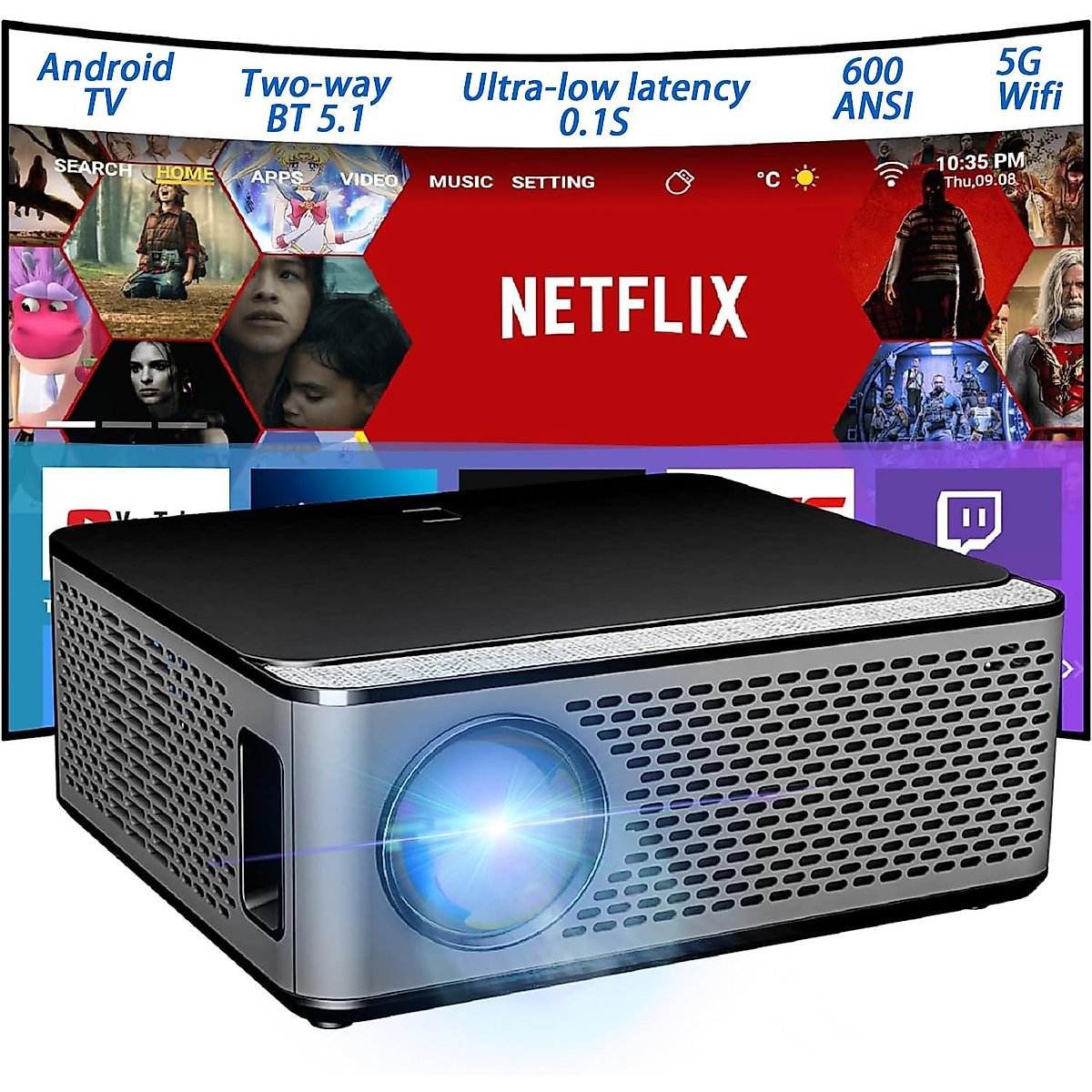 Upgrade 4K Projector with WiFi and Bluetooth, Native 1080P, Ultra-low Latency of 0.1 Seconds, 600 ANSI, Keystone & 50% Zoom, 300" Display, Home Theater, Compatible with iOS/Android/HDMI/Win/PS5/TV