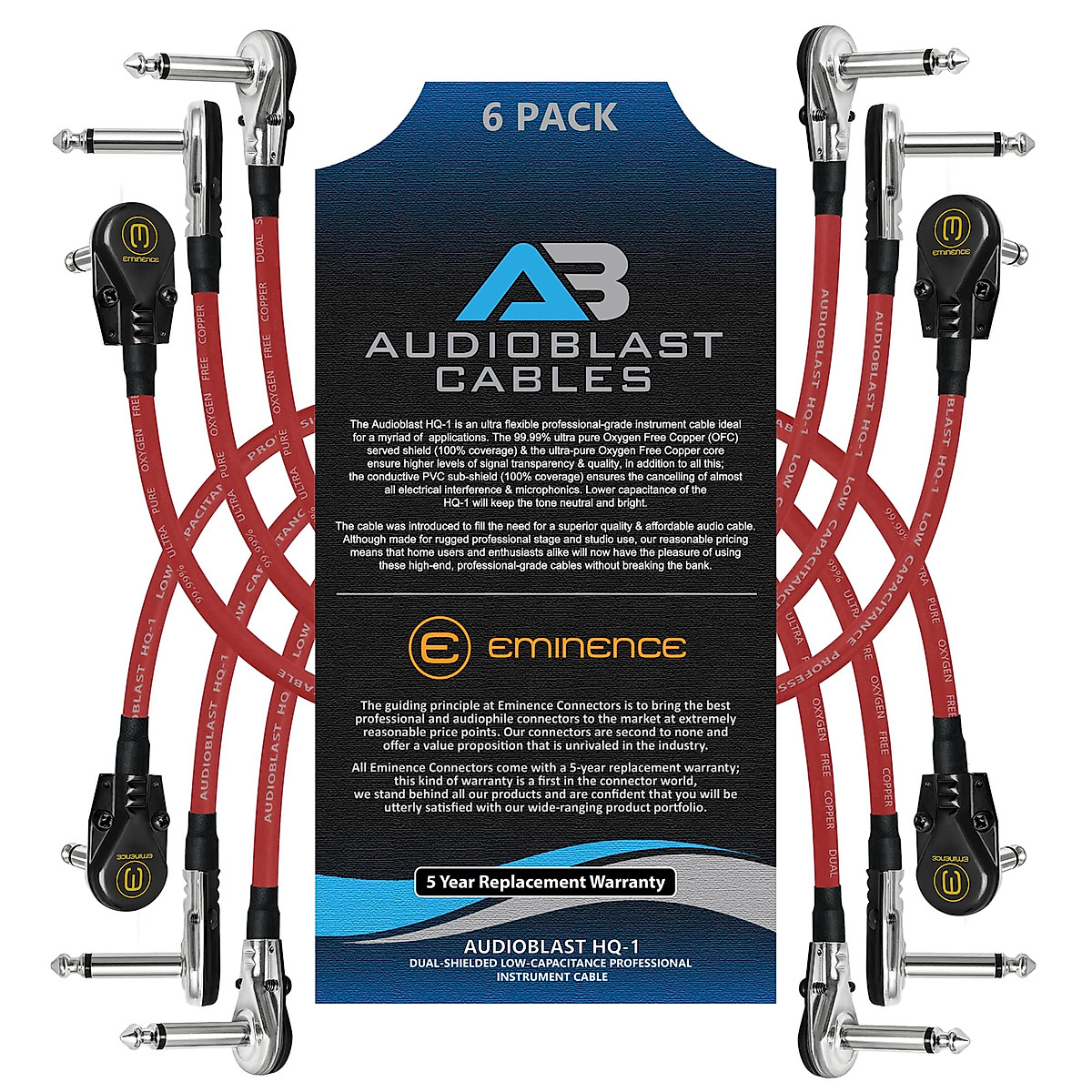 Audioblast - 6 Units - 6 Inch - HQ-1 (Red) - Ultra Flexible - Dual Shielded (100%) - Instrument Effects Pedal Patch Cable w/ ¼ inch (6.35mm) Low-Profile, R/A Pancake TS Plugs & Dual Staggered Boots