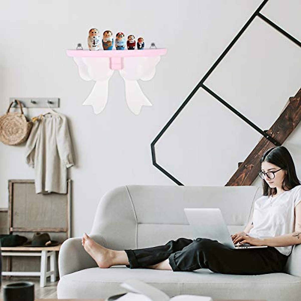 Homoyoyo Wall Mounted Floating Shelves Lovely Bowknot Decorative Wall Shelf Wooden Room Storage Shelf Wall Storage Rack Bowknot Wall Decorations for Home Kitchen Supplies(Pink)