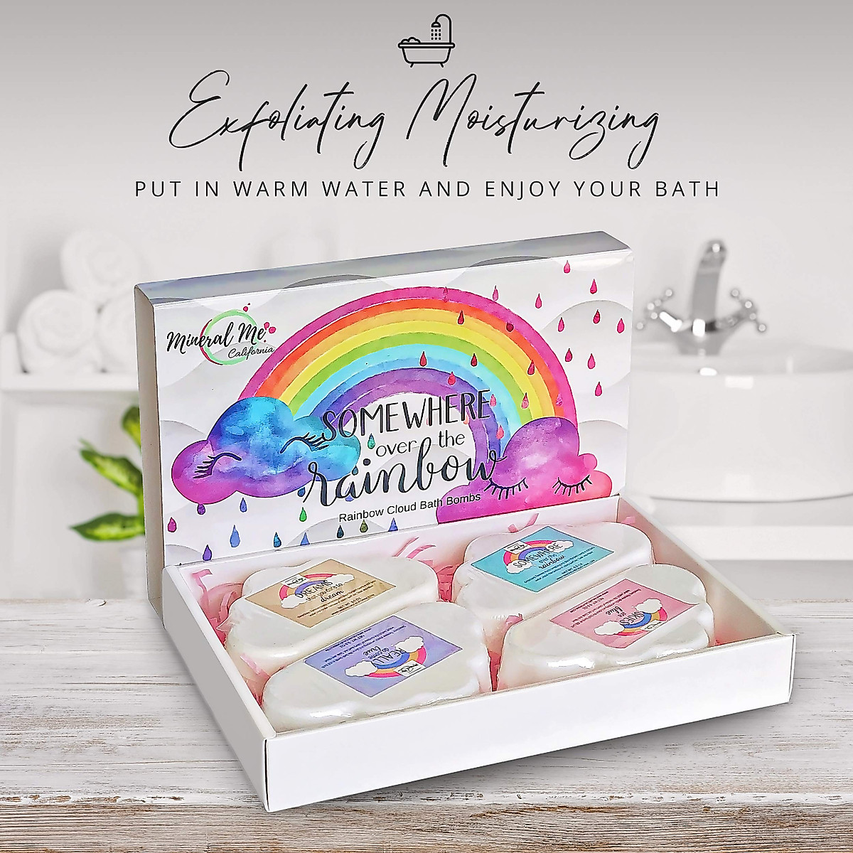 Rainbow Bath Bombs for Kids- Natural and Organic Bubble Bath Bombs w/Moisturizing Shea Butter and Natural Oils, 4 Large Unicorn Cloud Bath Bombs for Girls, Boys, Women, Valentines Day Gift for Her