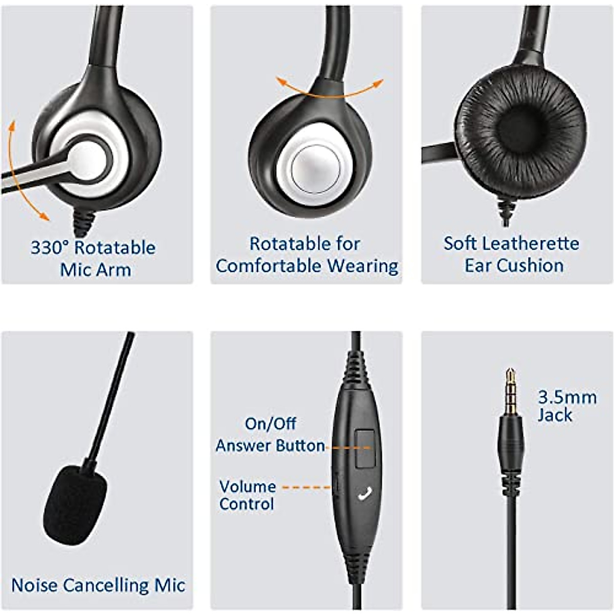 Arama Cell Phone Headset w/Lightweight Secure-Fit Headband, Pro Noise Canceling Mic and in-line Controls 3.5mm Headset for iPhone, Samsung, LG, HTC, BlackBerry Mobile Phone and iPad Tablets (A602MP)