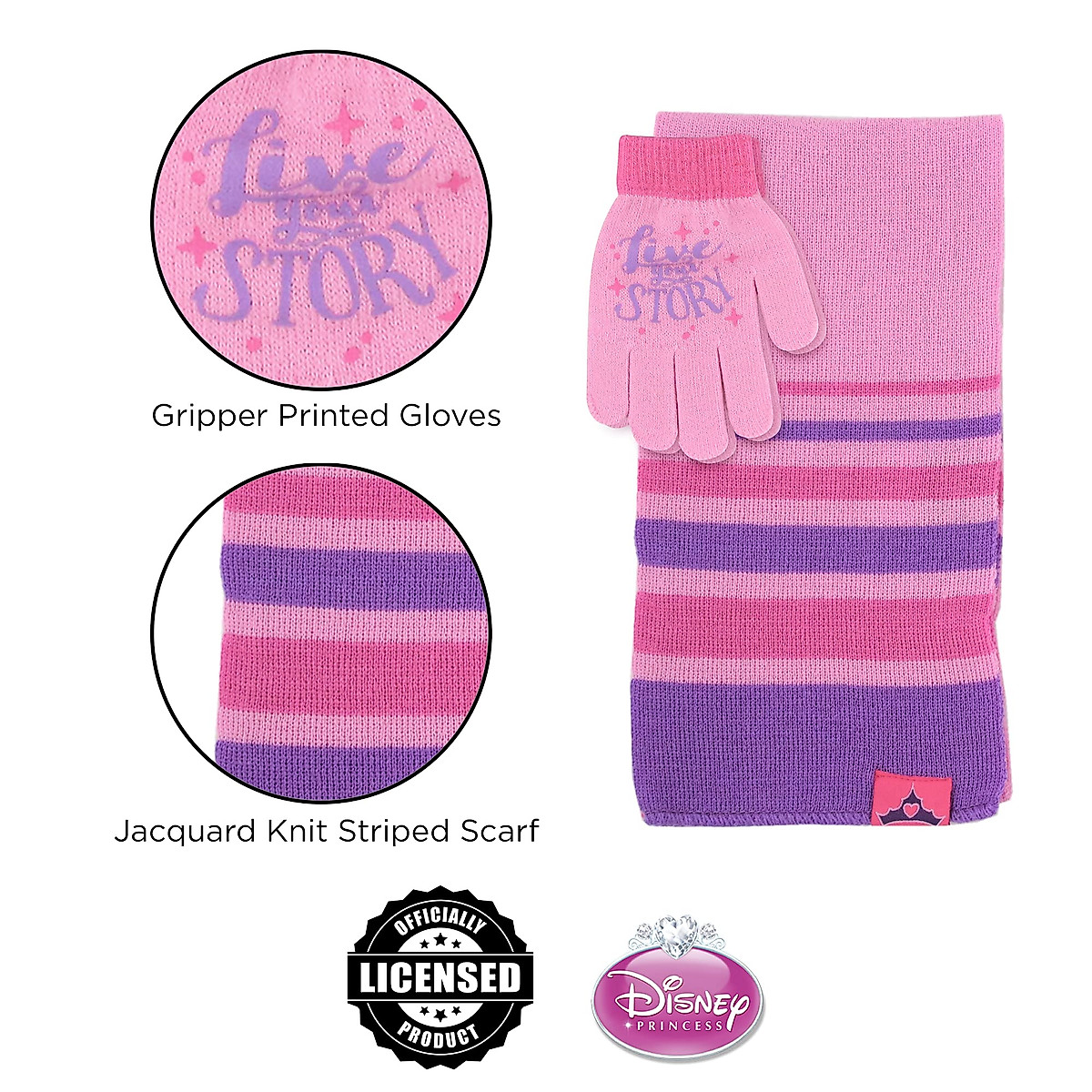Disney Girls Princess Winter Hat, Scarf, & Kids Gloves Set For Ages 4-7, Pink/Purple