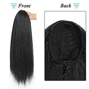 G&T Yaki Drawstring Ponytail Extension with Bangs - Long Yaki Straight Clip in Ponytails Extension for Black Women Synthetic Hairpiece for Daily Party Use (1B, 24 inch)